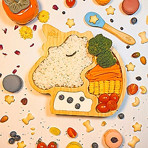 Xboo Baby Plates, Bamboo Baby Suction Plates, Bamboo Suction Plates for Toddlers, Stay Put Feeding Plates, Wooden Divided Plate, Baby Dishes, Kids Plates, BPA Free| Grace_Blue