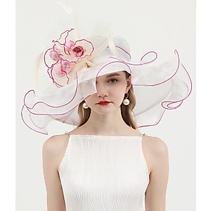 RZTA Women's Kentucky Derby Church Dress Hat Wide Brim Leaf Flower Bridal Shower Hat 01White,Pink