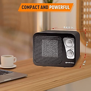 Comfort Zone Electric Retro Design Ceramic Space Heater, Adjustable Thermostat, 2 Heat Settings, Overheat Protection, Safety Tip-Over Switch, Portable for Home, Bedroom & Office Use, 1,500W, CZ470BKB