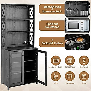 LOKO Kitchen Pantry Storage Cabinet, Farmhouse Buffet Hutch with Stemware Rack, Microwave Countertop & Tempered Glass Doors, 67.5" Freestanding Kitchen Hutch with Adjustable Shelf