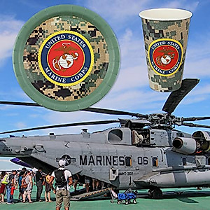 Havercamp U.S. Marines Party for 32 Guests! Includes 32 ea. 10” Plates & Luncheon Napkins & Lg. Cups with Licensed Marines Camo & Coat of Arms. Retirement, Birthday or Official Events
