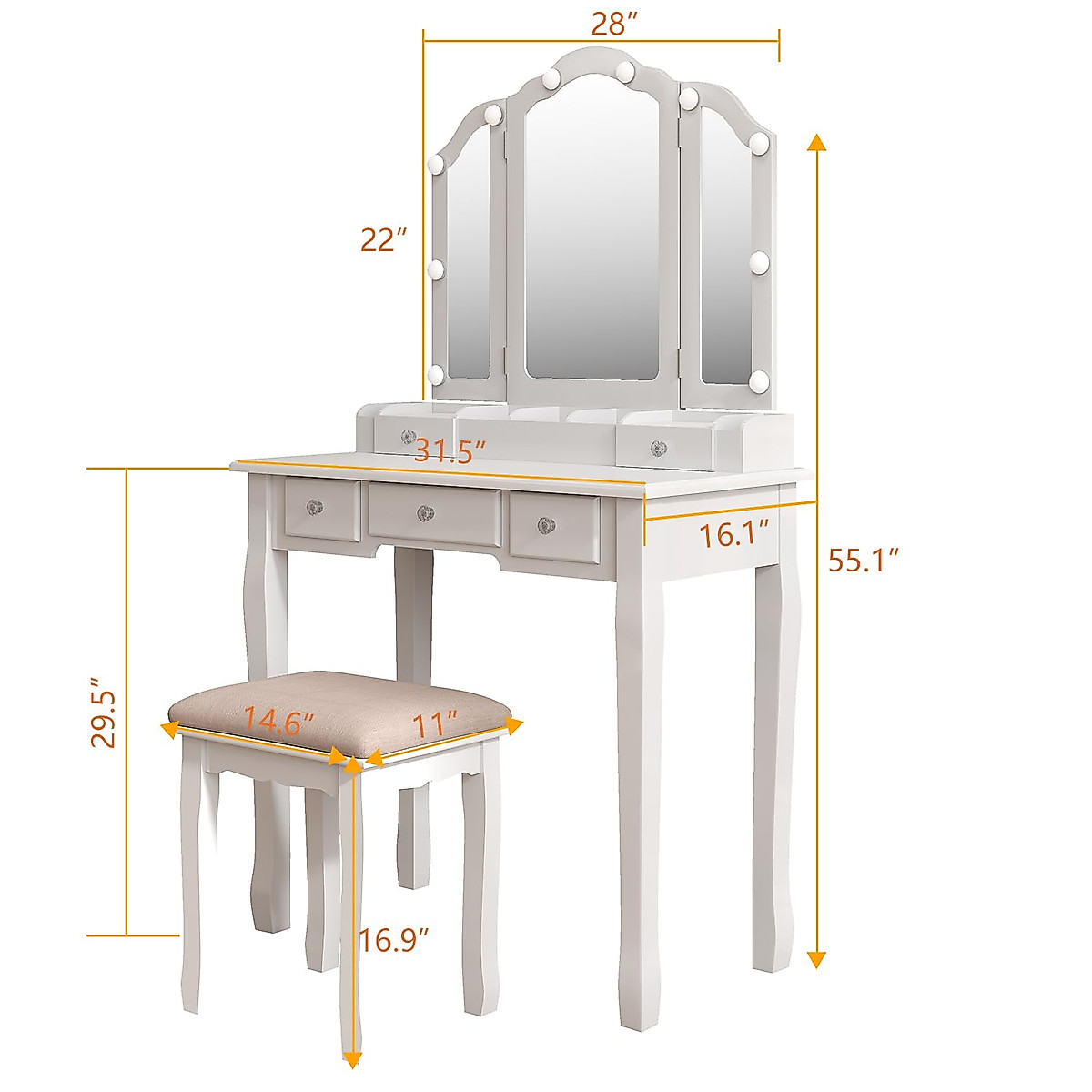 YIXHQ Makeup Vanity with Lights Vanity Desk with Mirror and Lights Makeup Vanity with Drawers Vanity Table with Lights Vanity with Lighted Mirror and Chair