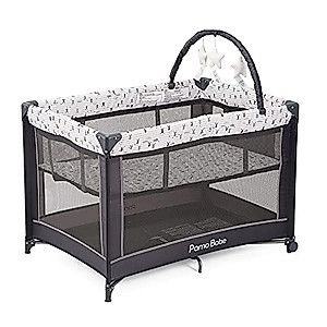 Pamo Babe Portable Playard,Sturdy Play Yard with Mattress and Toy bar with Soft Toys (Grey)…