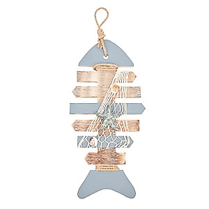 PH PandaHall 50cm/19 Inch Wooden Fish Wall Decor Beach Theme Home Decor Nautical Decoration Fish Bone Wall Decor with Starfish and Shells for Home Holiday House Garden Office Hotel Party, 1pc