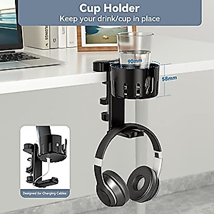 KDD Rotatable Headphone Hanger - 3 in 1 Under Desk Clamp Controller Stand Replaceable Cup Holder - Compatible with Universal Headset, Controller, Cup(Black)