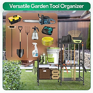 NAVOROGE Garden Tool Organizer for Garage,Yard Tool Holder with Wheels,Multifunctional Tool Storage Rack with 5 Hooks,for Garden Shed Garage Yard Basement Lawn,Up to 35 Long-Handled Tools,Black