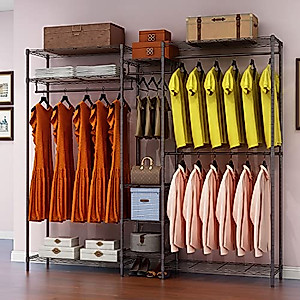 XIOFIO Heavy Duty Wire Garment Rack, Metal Clothing Rack with 4 Hanging Rods and 9 Shelves, Freestanding Open Wardrobe Organizer for Hanging Clothes , 68.5"L x 16.5"W x 76.7"H Max Load 800LBS, Black