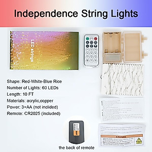 MIYA LIFE Independence String Lights 10FT & 40LEDs & Patriotic Decorations | Battery Powered & Timer Remote (Rice Lights)