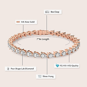 FRIENDLY DIAMONDS 3 Carat IGI Certified Lab Grown Diamond Bracelet Line 7" | 14K in Rose Gold | Serene Pear Lab Diamond Tennis Bracelet | Three Prong Settings | FG-VS1-VS2 Quality