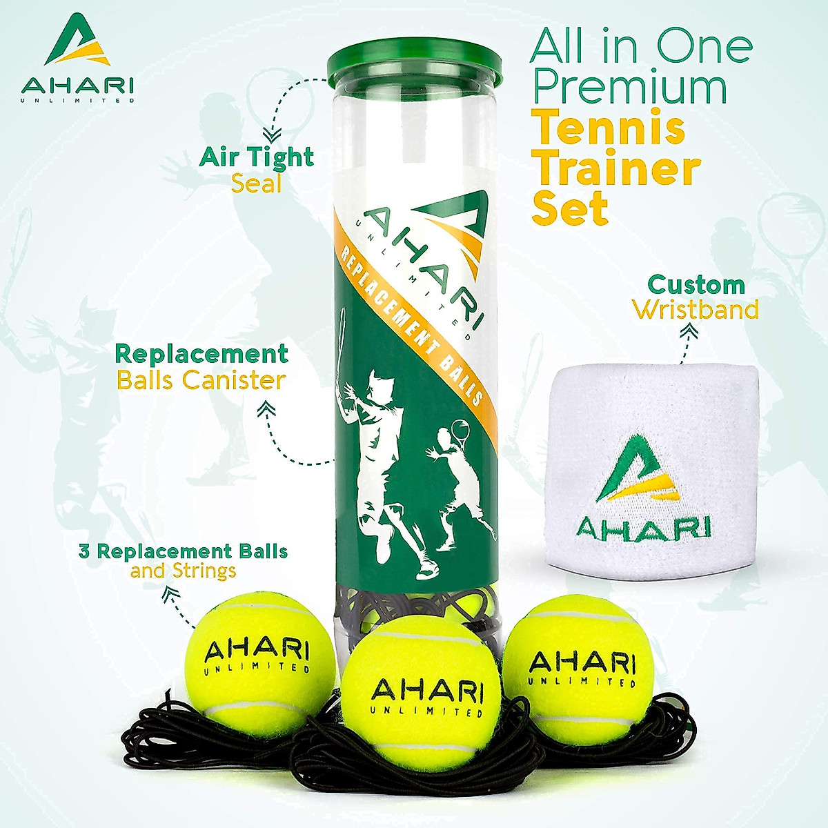 Ahari Unlimited Premium Tennis Trainer Set, Pro Tennis Rebounder with Metal Base in a Carrying Cylinder, 3 Replacement Rebound Balls, & Wristband, Portable Tennis Practice Equipment for Solo Training.