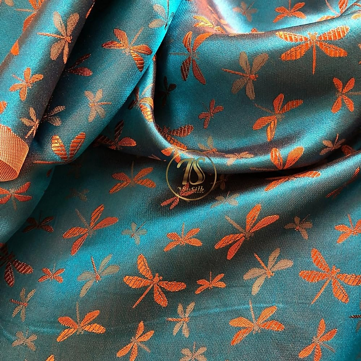 VINSILK Mulberry Silk Fabric, Pattern Silk Fabric, Dragonfly Pattern, Fabric for Clothes, Silk for Sewing, Silk Apparel Fabric, Luxury Silk, Dress Making, Cut in Continuous Yards. (color01, 0.5 yards)