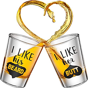 Patelai 2 Pieces I Like His Beard I Like Her Butt Shot Glasses 2 oz Funny Wedding Wine Glasses for Newlyweds and Couples to Celebrate Wedding Engagement Anniversary Bridal Shower Decorations