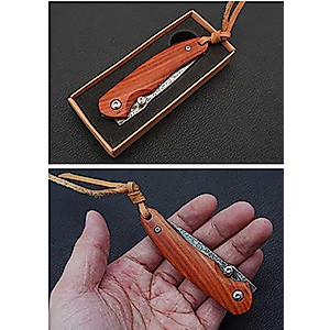 KUNSON Folding Pocket Knife 2.6” Damascus Steel Blade and Natural Classic Red Sandalwood Handle Design, Outdoor EDC Portable Carry Keychain Knife