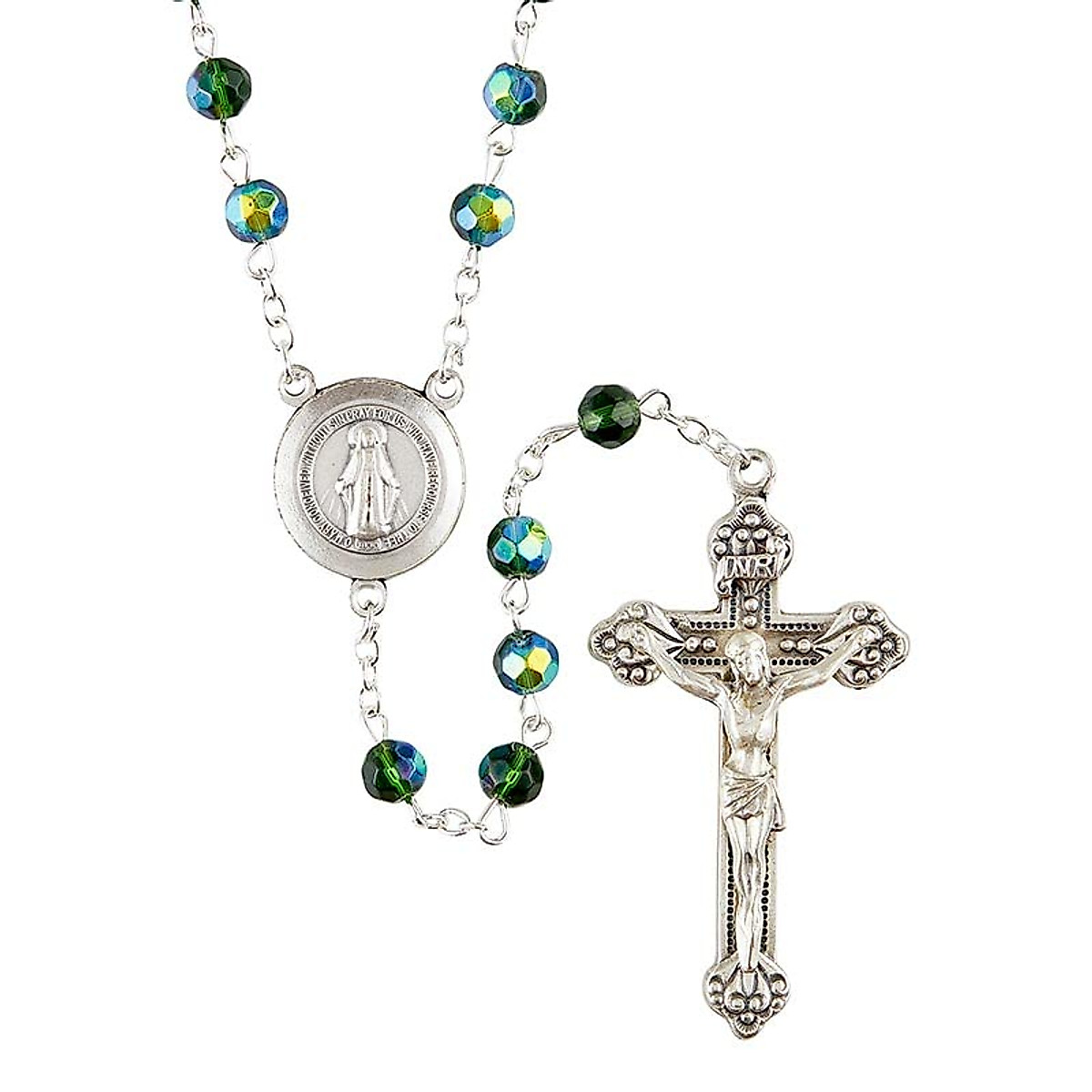 Religuious Italian Silver Rosary with 6mm Emerald Green Austrian Crystal beads and miraculous medal dangle