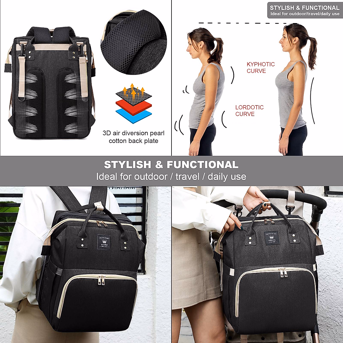 Leogreen Diaper Bag Backpack, Waterproof Travel Nappy Bags with USB Charging Port, Large Capacity Baby Bag with Stroller Straps Thermal Pockets, Black