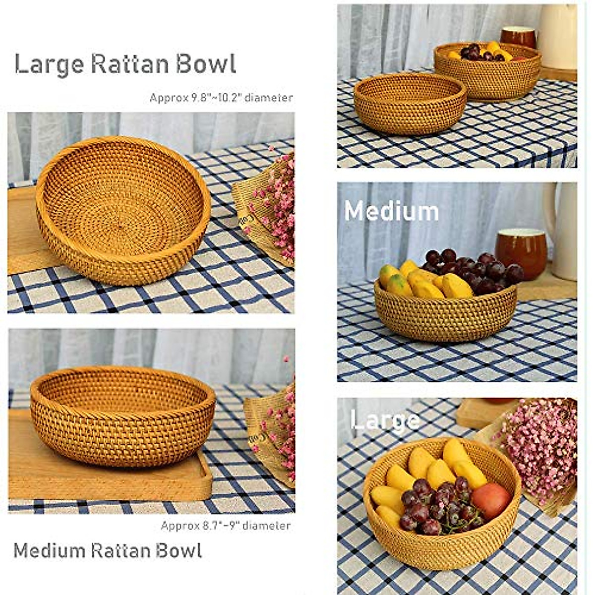 AMOLOLO Hadewoven Round Rattan Fruit Basket Wicker Food Tray Weaving Storage Holder Dinning Room Bowl, 10 Inch Woven Bread Basket Key Bowls with 4”Wall for Table, Countertop (Large 9.8")