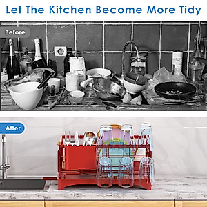 G-TING Dish Drying Rack, Dish Rack for Kitchen Counter, Rust-Proof Dish Drainer with Drying Board and Utensil Holder for Kitchen Counter Cabinet, 16.6” L× 12.6”W× 7.8”H, Bright Red