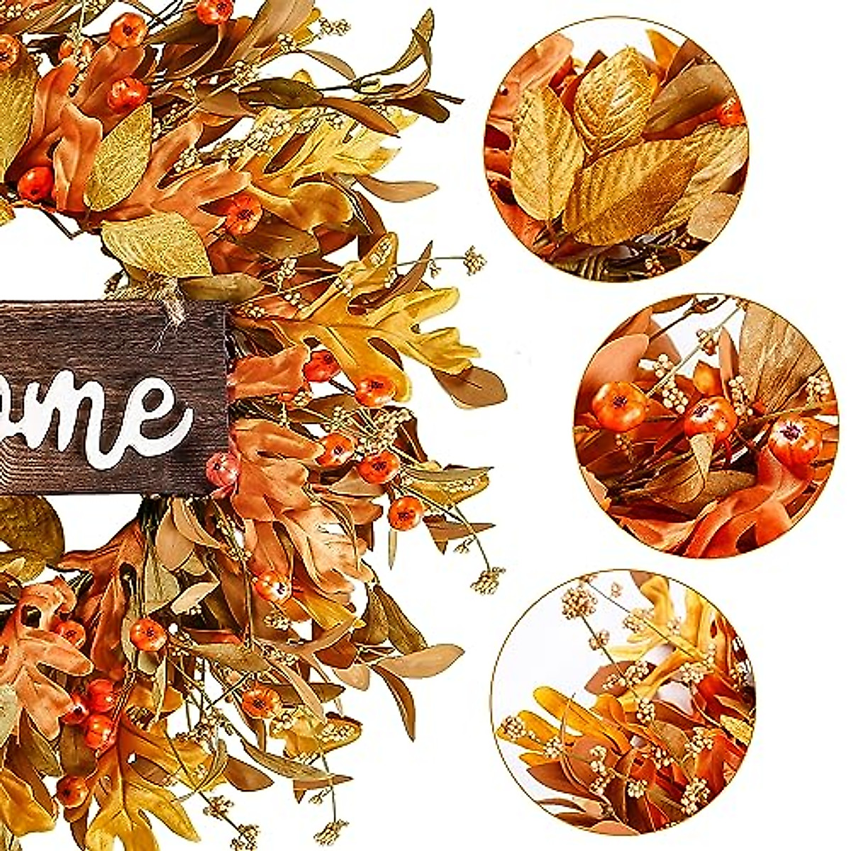 Sggvecsy Artificial Fall Wreath 18’’ Autumn Front Door Wreath Harvest Wreath with Fall Leaves Small Pumpkins Cluster of Berries for Outside Indoor Wall Window Festival Thanksgiving Fall Autumn Decor