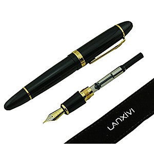 Jinhao 159 Fountain Pen Medium Black Lacquer Gold Trim Big Heavy with Pen Pouch & Refill Ink Converter Business Signature Collection Pen