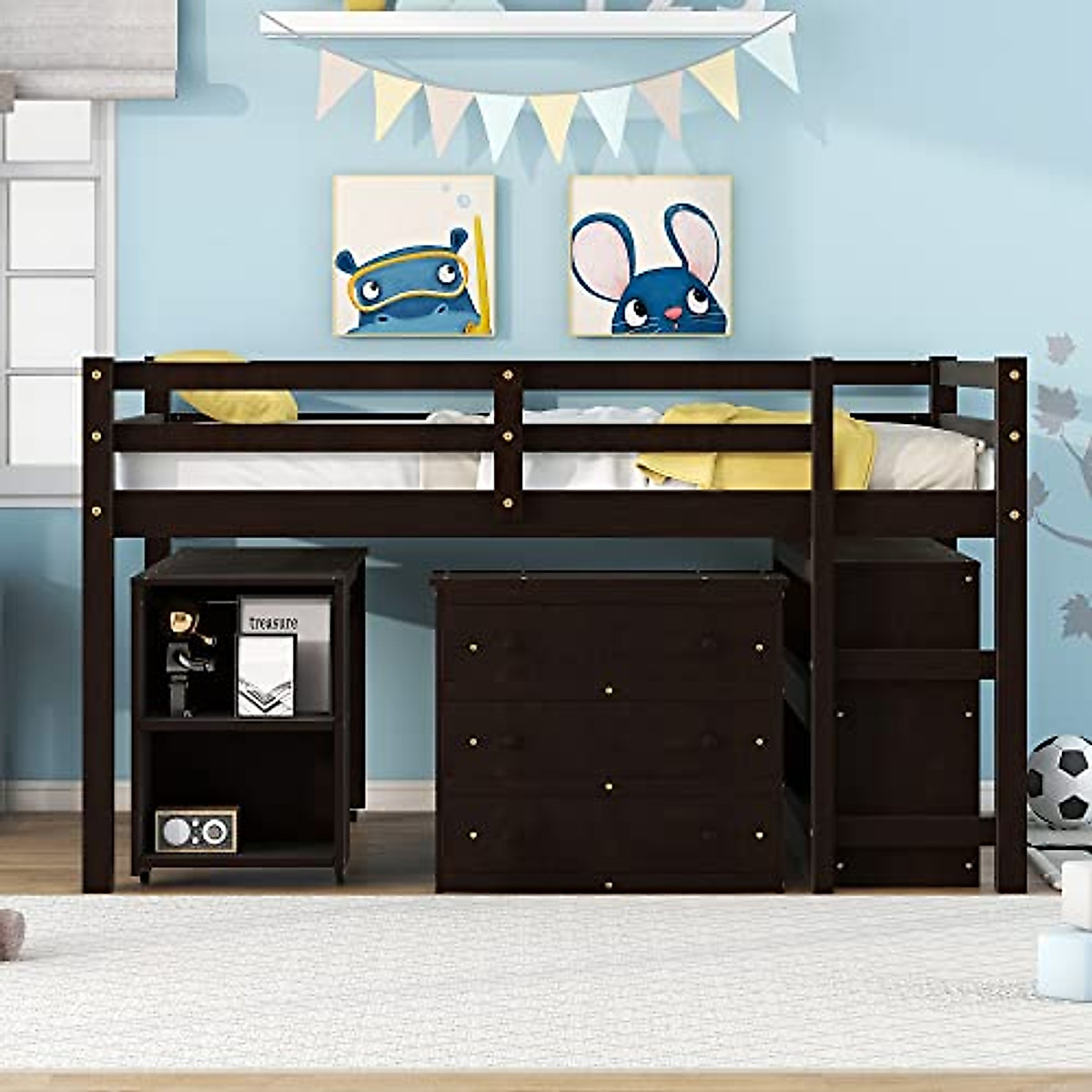Low Full Loft Bed with Desk and Dresser Wood Kids Loft Beds Frame with Cabinet & Storage Shelves & Rolling Portable Desk for Juniors, Teen, Boys, Girls, Full Size, Espresso