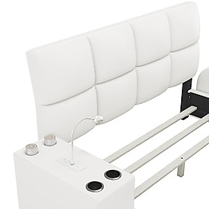 EOVTK Queen Size Upholstered Platform Bed with Built-in Multimedia Nightstand and Storage Shelves, Faux Leather Platform Bed Frame with 2 Cup Holders, Light and Charging Station, White