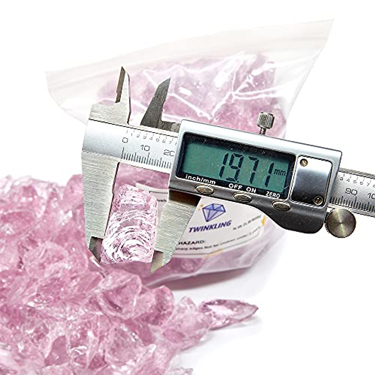 TWINKLING High Luster Fire Glass Gravel Stone,Broken Glass,Fire Pit Glass,Crushed Glass for Fireplace Pit Aquarium Garden Decoration,1-3cm,2-Pound Jar (Pink)