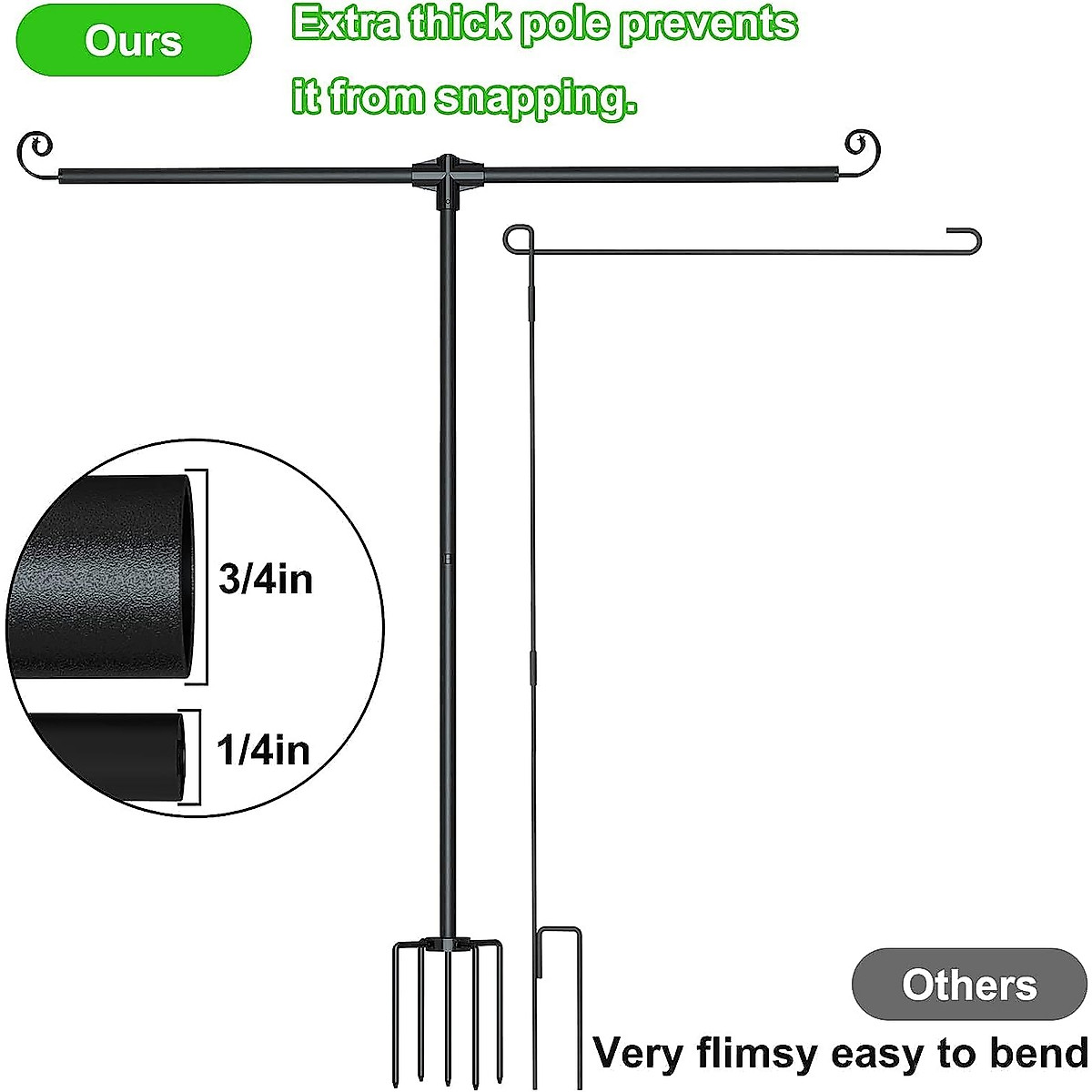 FFILY Garden Flag Stand Holder with 4 Prong Base for Double Flags - 3/4 Inch Extra Thick Heavy Duty Yard Flag Holder for Outside 12x18 Home Patio Decor