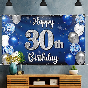 Nelbiirth Happy 30th Birthday Decorations,30th Blue & Silver Balloon Large Birthday Banner Backdrop Sign,Cheers to Thirty Years Old Bday Party Supplies.