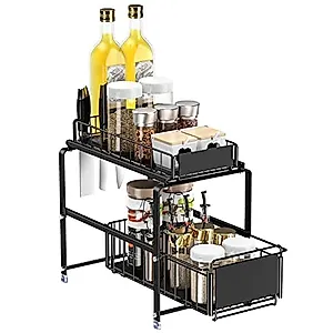 Docusvect Under Sink Organizer, 2-Tier Metal Under Cabinet Sliding Storage, Under Kitchen Sink Organizer, Under Sink Organizers and Storage with Hooks, Organizer for Bathroom Kitchen (Steel-1Pack)