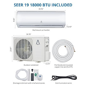 Acekool 19000 BTU Smart Mini Split AC/Heating System 19 SEER Split Inverter Air Conditioner, Cools Rooms up to 1250 Sq. Ft, with Pre-Charged Condenser, Heat Pump & Installation Kit, 208/230V