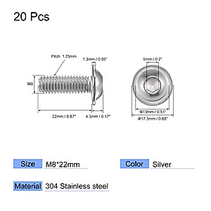uxcell Flanged Button Head Socket Cap Screws, M8x22mm Hex Socket Drive Screw, 304 Stainless Steel Fasteners Bolts, Fully Threaded Machine Screw 20Pcs