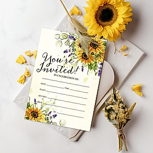 Whaline 25 Sets Sunflower Invitations with Envelopes Stickers Watercolor Floral Invitation Cards Blank Invites for Wedding Bridal Baby Shower Birthday Dinner Party Supplies, 5 x 7 Inch
