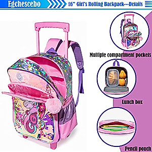Egchescebo kids Rolling Kid Travel Toddler Duffle Bag Unicorn Backpack for Girls Carry on Luggage Roller Computer Suitcase with Pencil Case and Lunch Box Wheels Wheeled Braid Toy Backpacks Pink