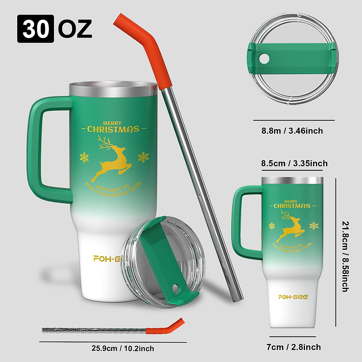 FOHGEE Christmas Style 30oz Stainless Steel Tumbler with Handle - Keep Drinks Cold & Hot All Season! (Green Reindeer)