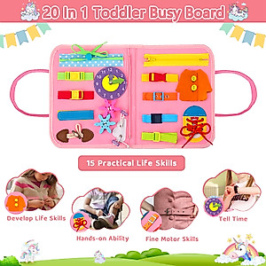 SPLAKS Toddler Busy Board with DIY Page, 20 in 1 Montessori Toys Sensory Activity Toys Preschool Educational Toys to Learn Basic Skills, for Airplane Car Travel (Pink)