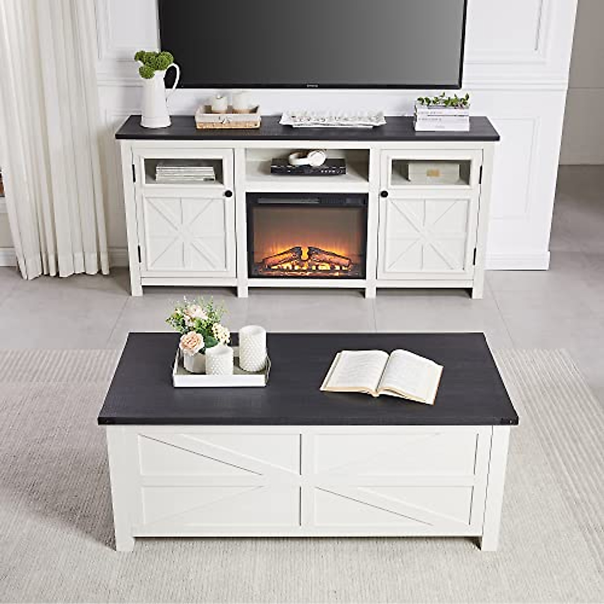 48” Modern Farmhouse Wood Coffee Table with 4 Large Storage Drawers; Decorative Rustic Living Room Coffee Table; Work from Home, Office and Living Room Storage for Books, Desk Supplies, Games, Blanket