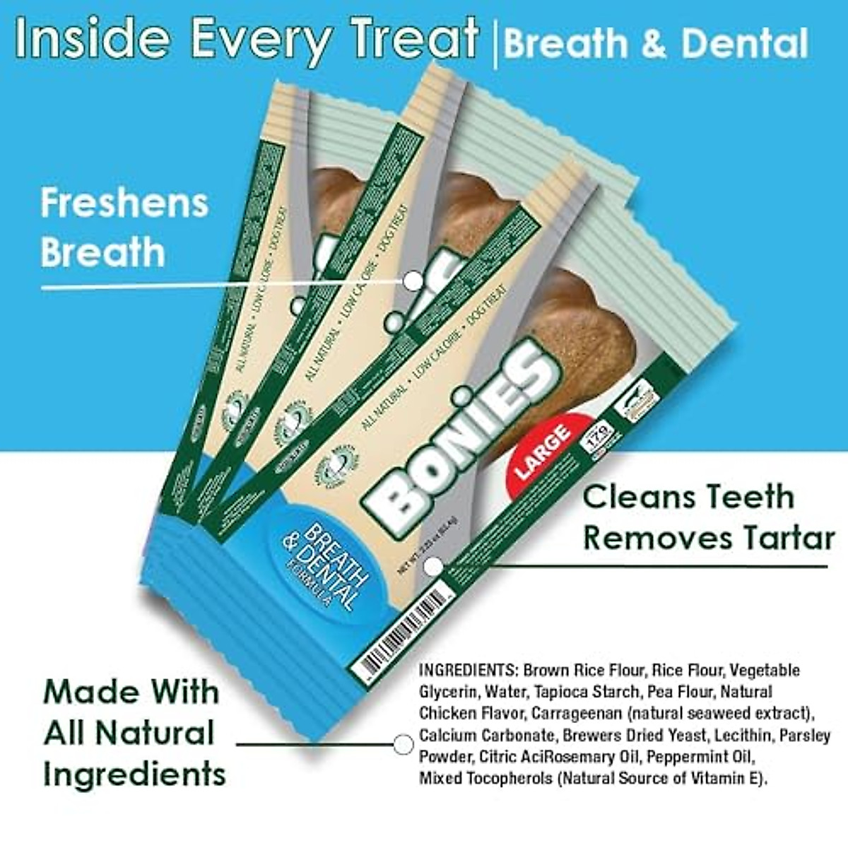 Bonies Natural Breath and Dental Formula Treats for Dogs, Made in USA - All Natural - Freshens Breath - Low Calories - for Dog Chicken Flavor, 2 Mini Bones Pack