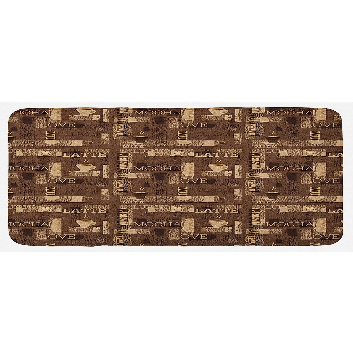Ambesonne Coffee Kitchen Mat, Cafeteria Pattern with Hot Mocha Latte Milk Love Typography on Scribble Backdrop, Plush Decorative Kitchen Mat with Non Slip Backing, 47" X 19", Brown Beige