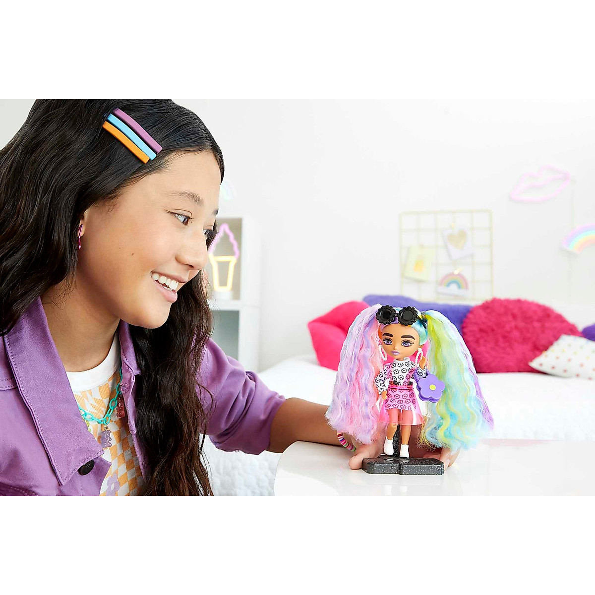 Barbie Extra Minis Doll #6 Wearing Flower Print Dress with Rainbow Hair, Doll Stand & Accessories Including Sunglasses & Purse, 5.5-inch