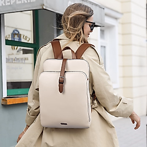 CLUCI Leather Laptop Backpack for Women 15.6 inch Computer Backpack Purse Travel Backpack Work Bag Daypack Beige With Brown