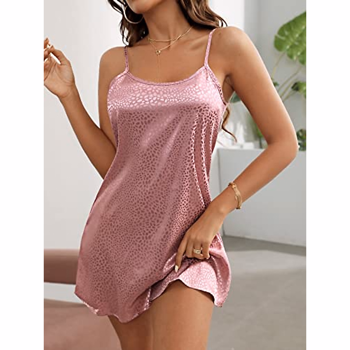 Verdusa Women's Casual Satin Sleepwear Lingerie Sleeveless Spaghetti Strap Jacquard Satin Night Cami Dress Dusty Pink S