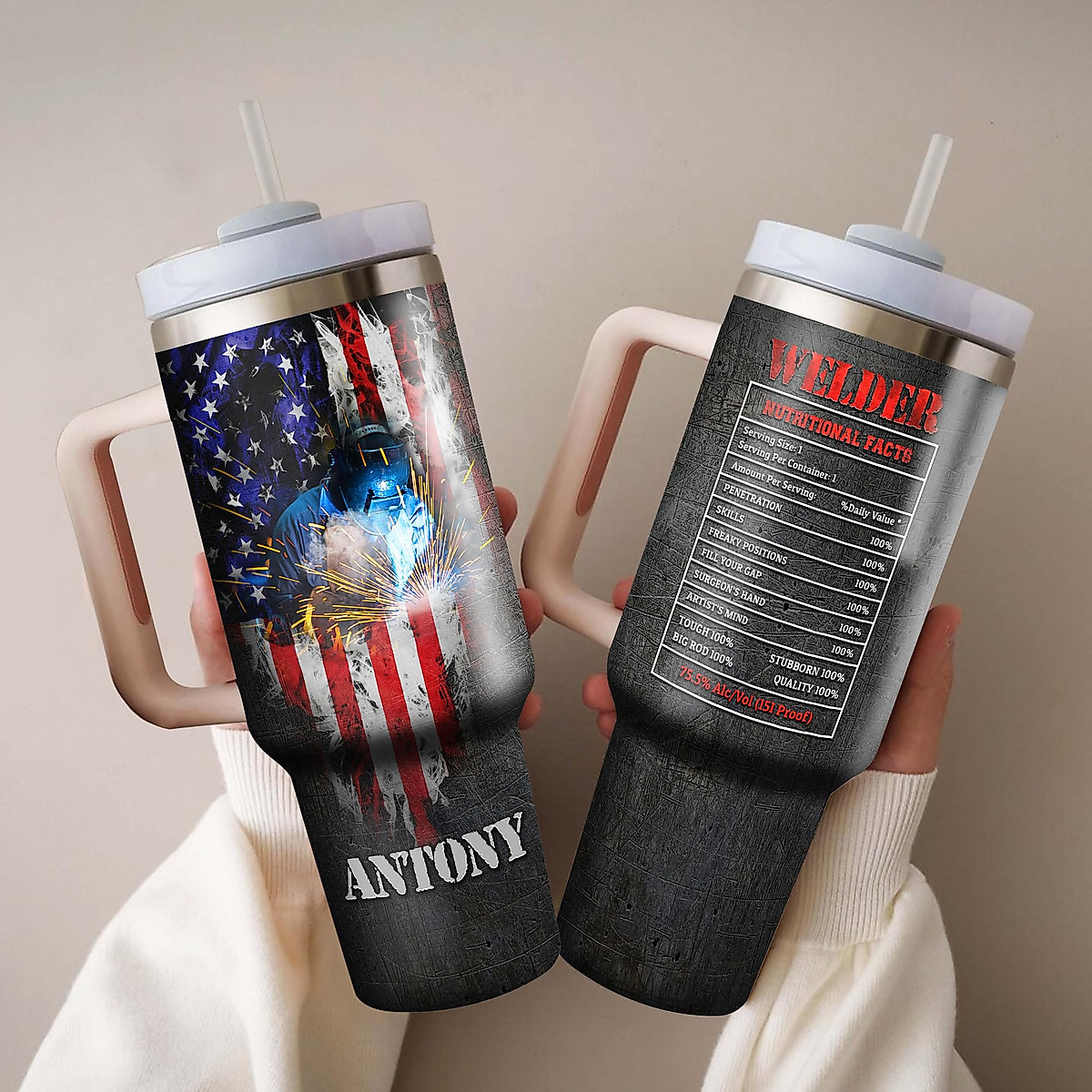 WAZONE Personalized Welder Tumbler Nutrition Facts Tumbler 40oz with Handle and Straw Stainless Steel American Flag Pride Gifts Birthday Christmas Fathers Day for Men Welders Women Dad Grandpa