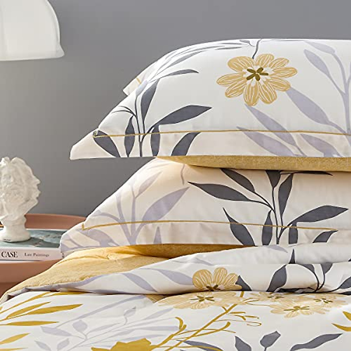 SLEEPBELLA Comforter Queen Size, 600 Thread Count Cotton Grey Branch with Yellow Flower & Grey Leaves Pattern Orange Reversible Comforter Set,Down Alternative Bedding Set 3Pcs(Queen, Yellow Botanical)