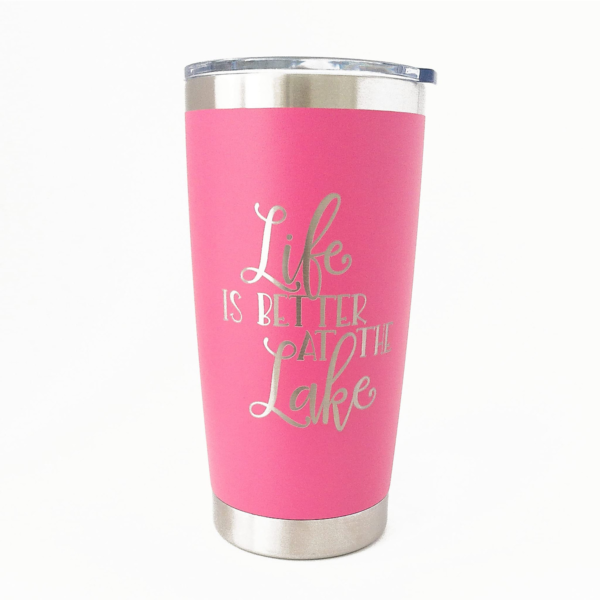 Life is Better at the Lake Coffee Mug Tumbler, Lake House Gifts, 20oz Stainless Steel, RV Travel Mug (Pink)
