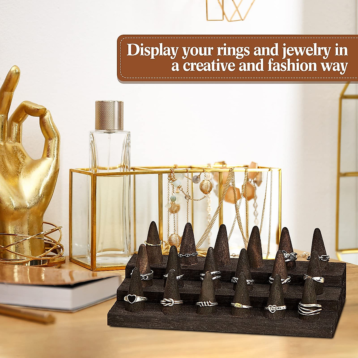 Juexica 18 Fingers Wood Ring Display Wooden Finger Ring Stand for Selling Jewelry Display Holder Showcase for Storage(Black Gray)