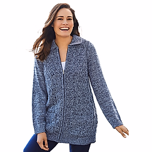 Woman Within Women's Plus Size Marled Zip-Front Cable Knit Cardigan - 1X, Navy Sky Blue Marled