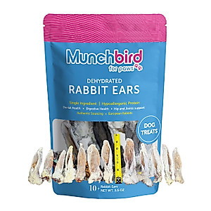 Munchbird Dehydrated Rabbit Ears (3.5 oz, 12-15 Counts) for Dogs & Cats, European Furry Rabbit Ear Natural Fiber for Dogs, Rawhide Free Alternative to Pig Ears for Dogs, Ear Size Varies