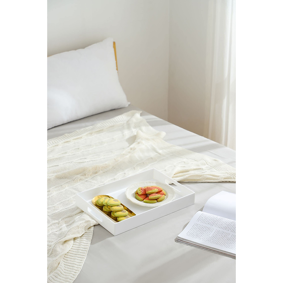 BEYLANG Glossy White Sturdy Acrylic Serving Tray with Handles-10x15Inch-Serving Coffee,Appetizer,Breakfast,Butler-Kitchen Countertop Tray-Makeup Drawer Organizer-Vanity Table,Ottoman Tray-Decorative