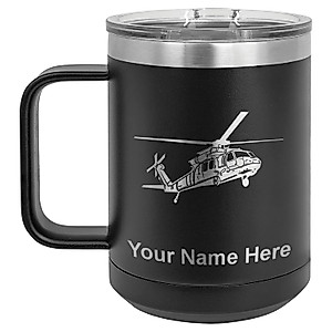 LaserGram 15oz Vacuum Insulated Coffee Mug, Military Helicopter 1, Personalized Engraving Included (Black)