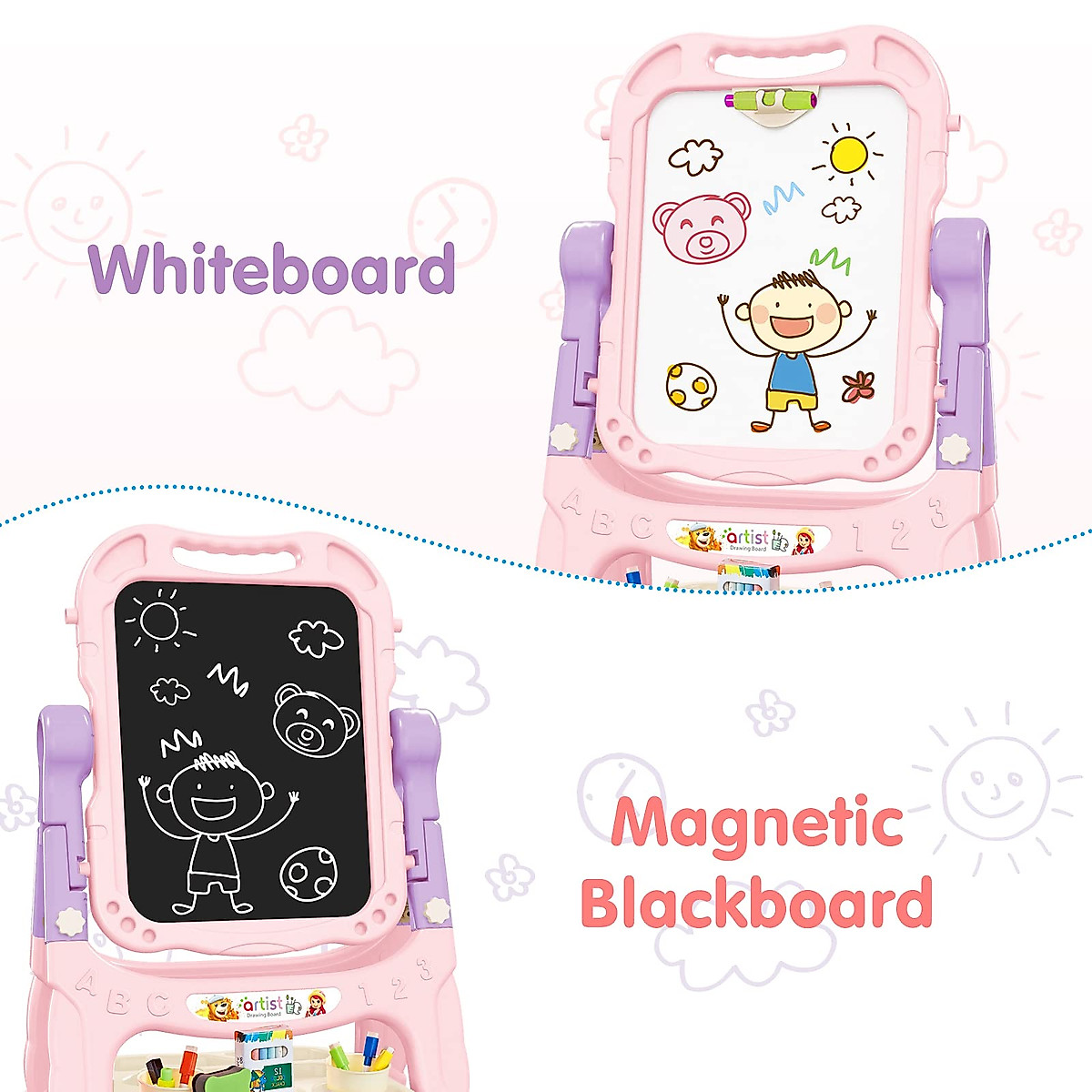 Amagoing Easel for Kids, Adjustable Standing Art Easel for Toddler, Double Magnetic Drawing Board with Painting Accessories, Birthday Christmas Gift for Little Boys and Girls, Middle Size Pink